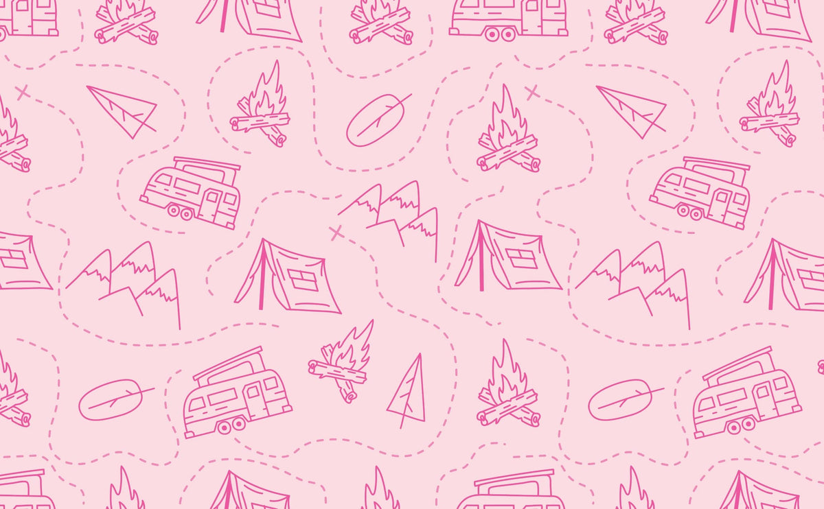 Pink camping trip with a vintage camper, tent, mountains and campfire ...
