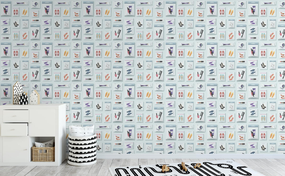 Tiny doll accessories organized in a sky blue grid Pattern Wallpaper ...