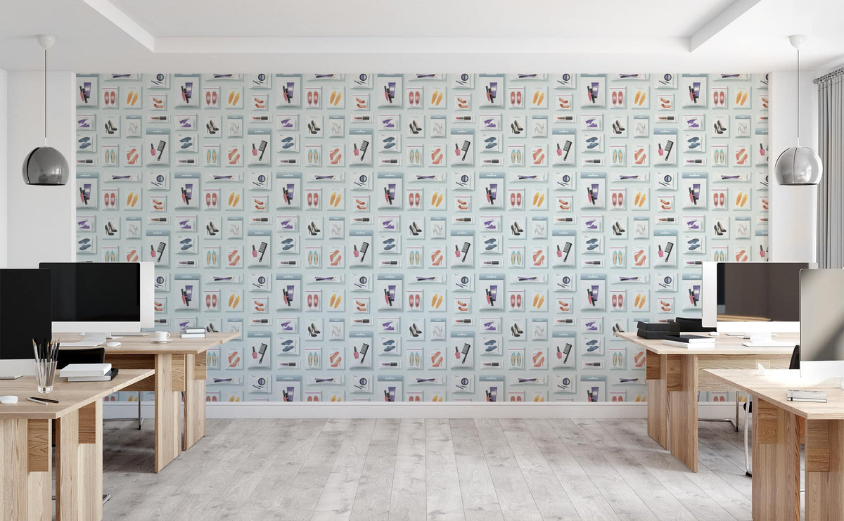 Tiny doll accessories organized in a sky blue grid Pattern Wallpaper ...