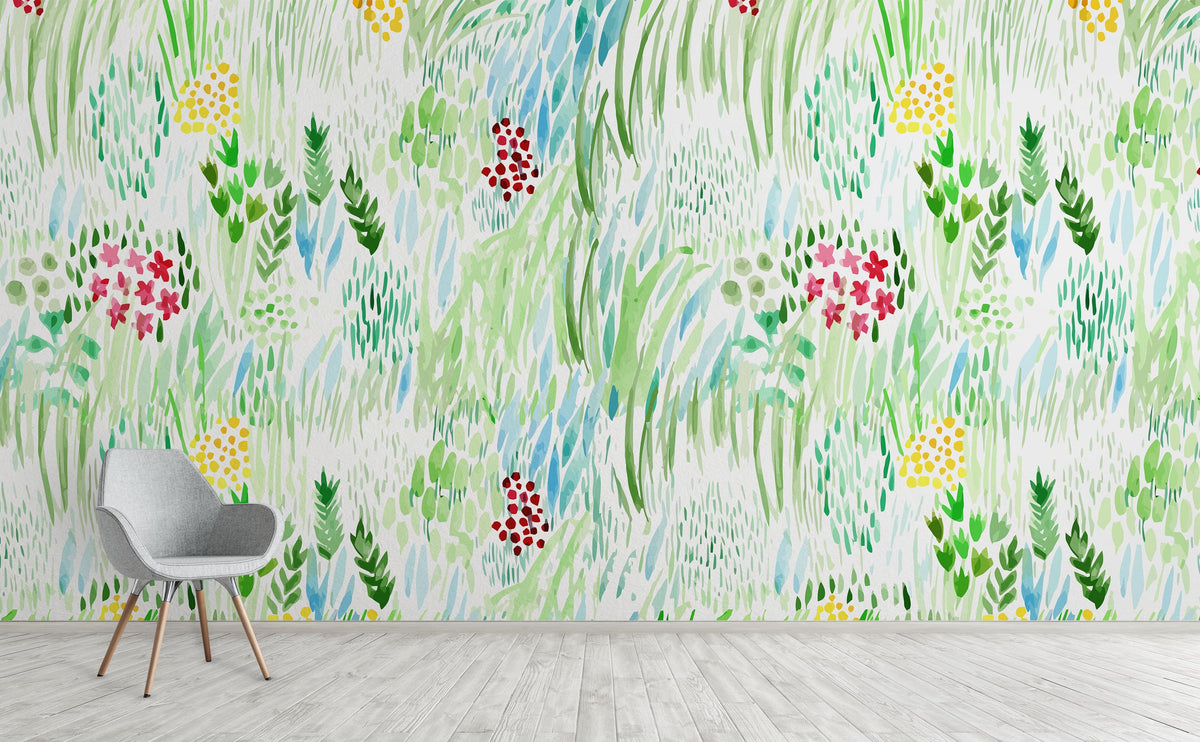 Watercolor Spring Floral Wall Mural | Green Pastures
