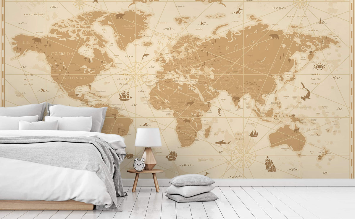 Illustrated vintage nautical sepia world map wall mural | Set Sail