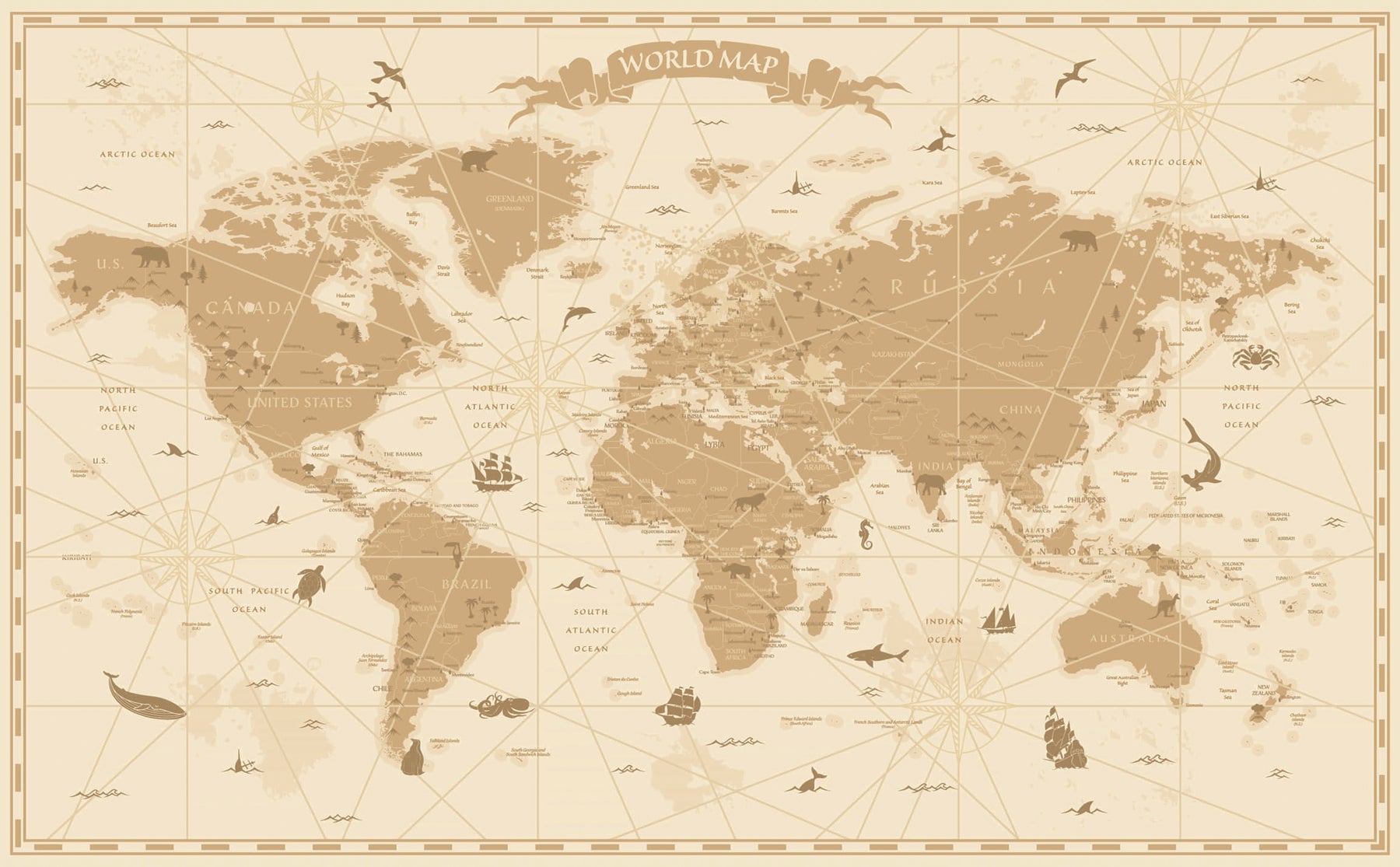 Illustrated vintage nautical sepia world map wall mural | Set Sail ...