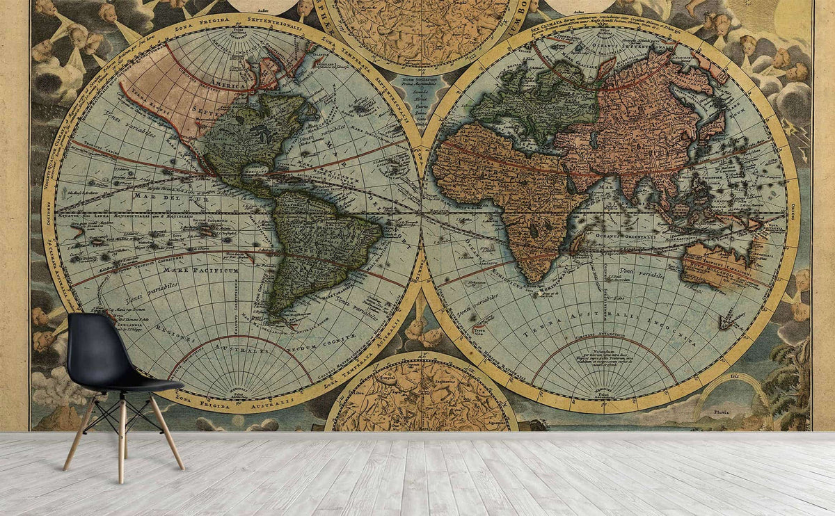 Antique color world and celestial map wall mural | Heaven and Earth