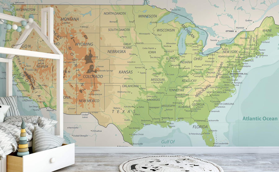 Colorful retro modern United States physical wall map mural | Nifty ...