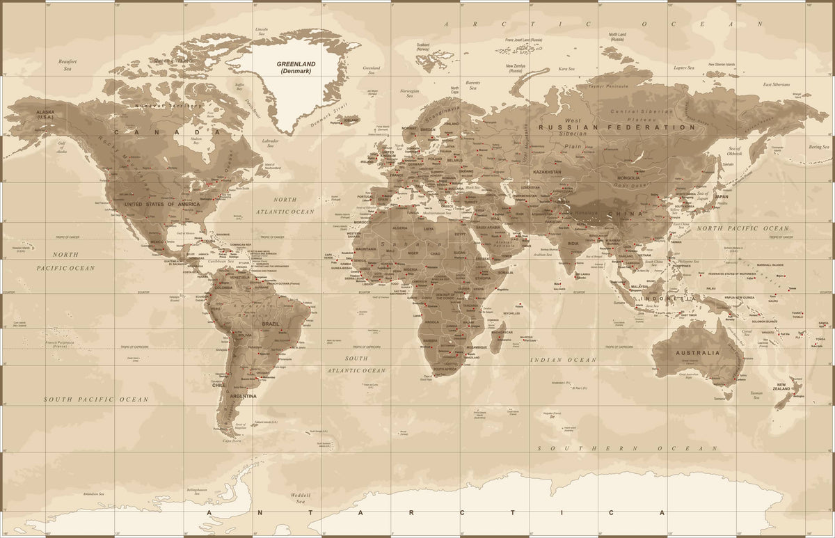 Vintage brown physical world map wall mural | Geographer’s Dream
