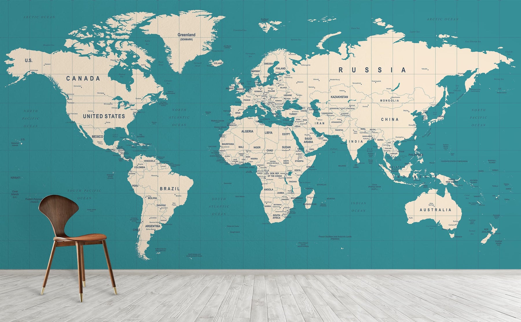 Plain Vintage tan and turquoise World Map wall mural | Destination ...