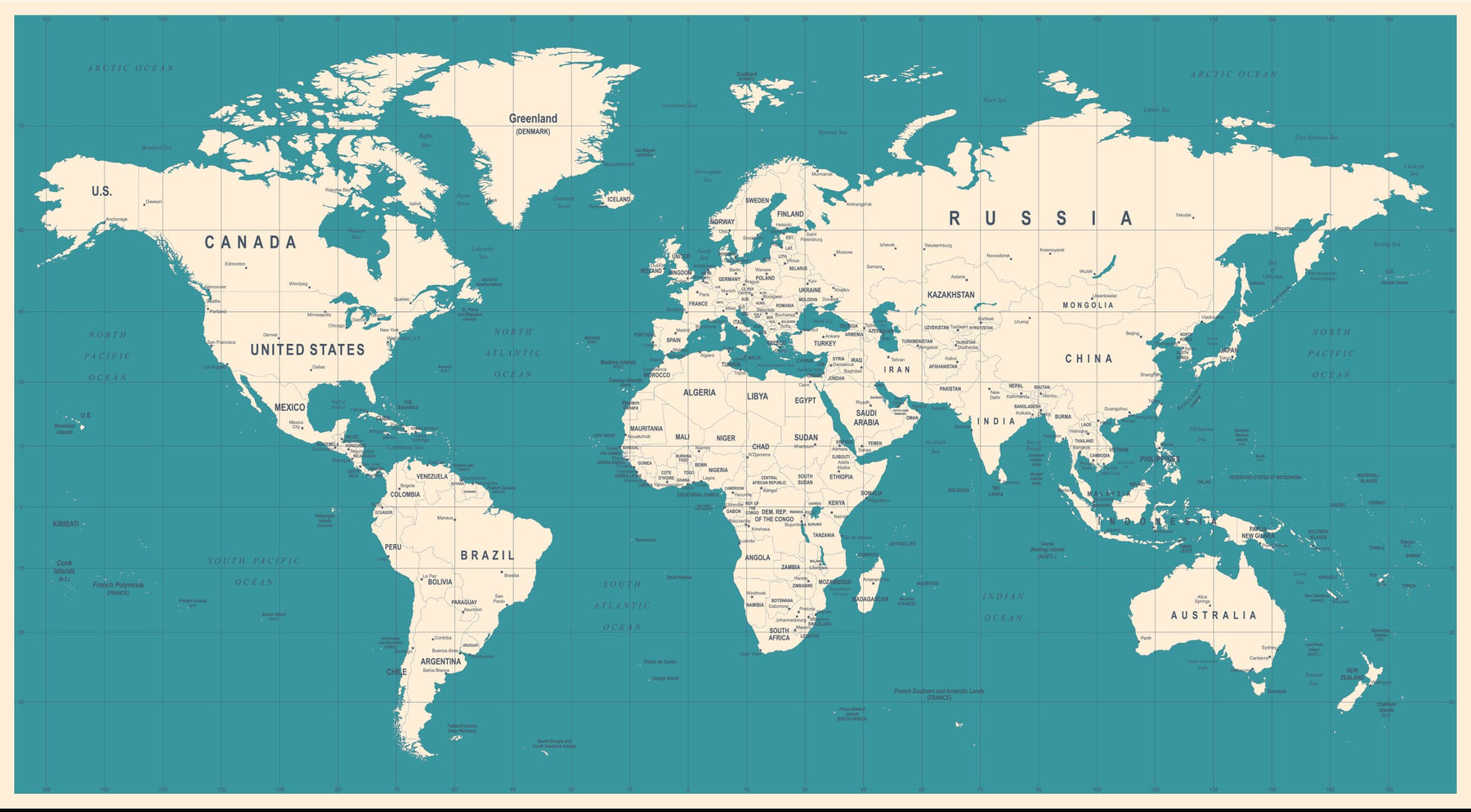 Plain Vintage tan and turquoise World Map wall mural | Destination ...