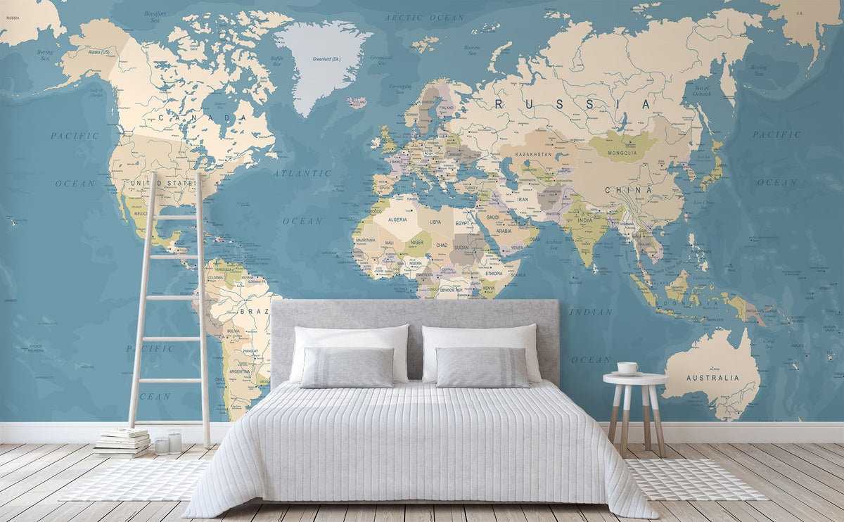 Detailed Map of the World With Labeled Rivers and Ports wall mural ...