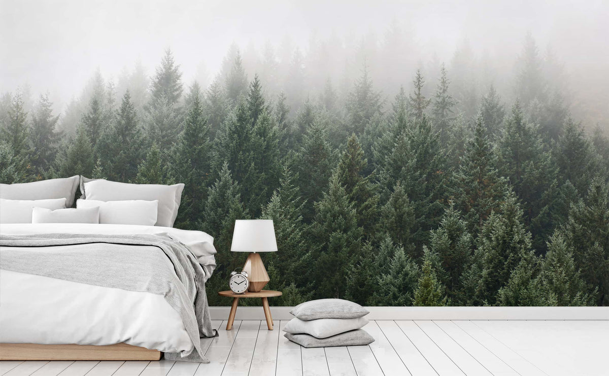 Frosty spruce forest fog landscape Wall Mural | Winter Mist