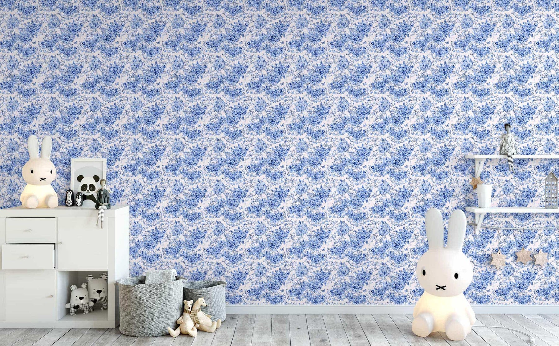 Blue Delftware style floral hydrangea butterfly Wallpaper for Walls ...
