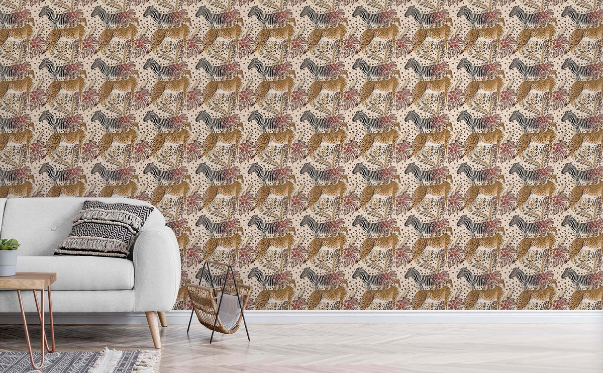 Cheetah and zebra illustrated taupe Pattern Wallpaper for Walls | No ...