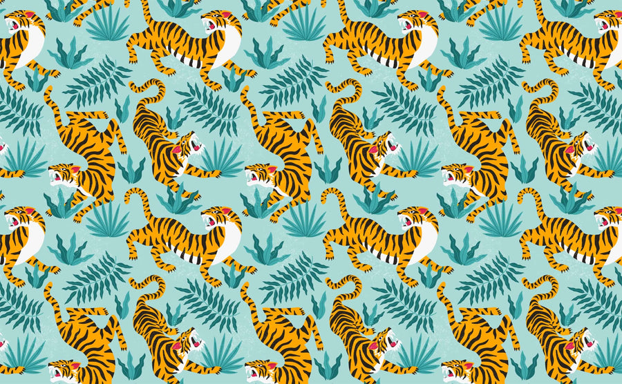 Artistic teal illustrated tiger Pattern Wallpaper for Walls | Year of ...