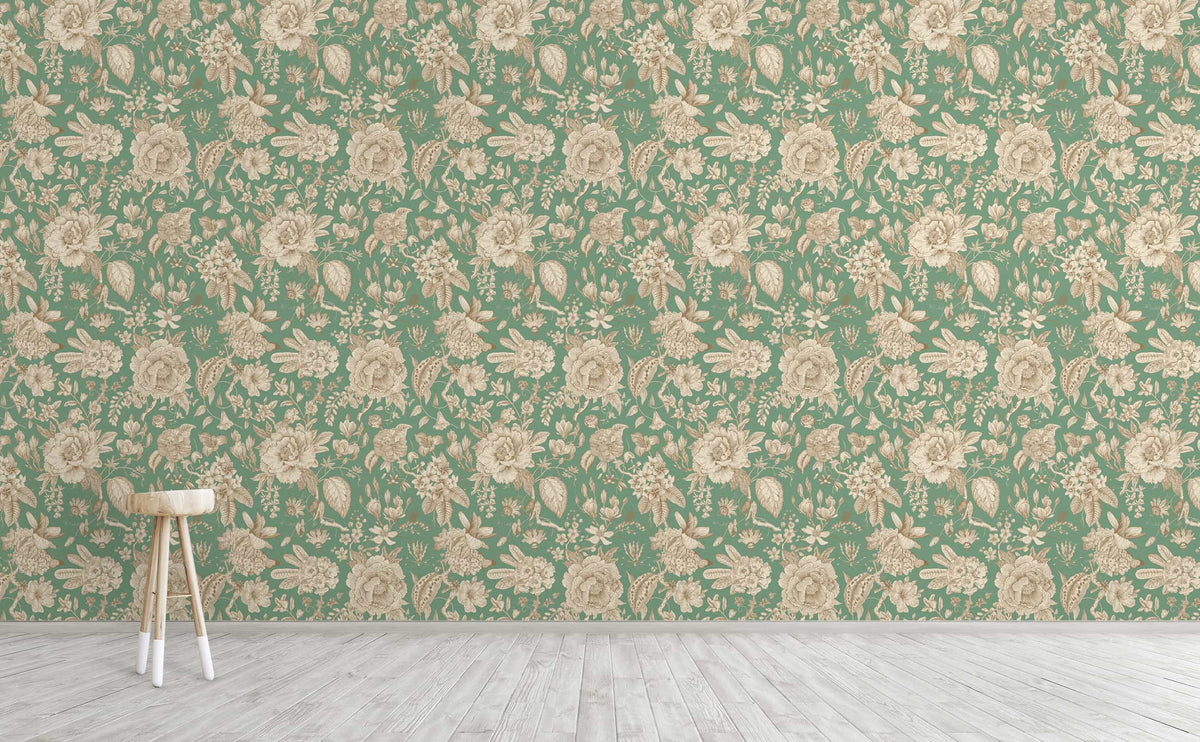 Engraved botanical floral bouquet on sage Pattern Wallpaper for Walls ...
