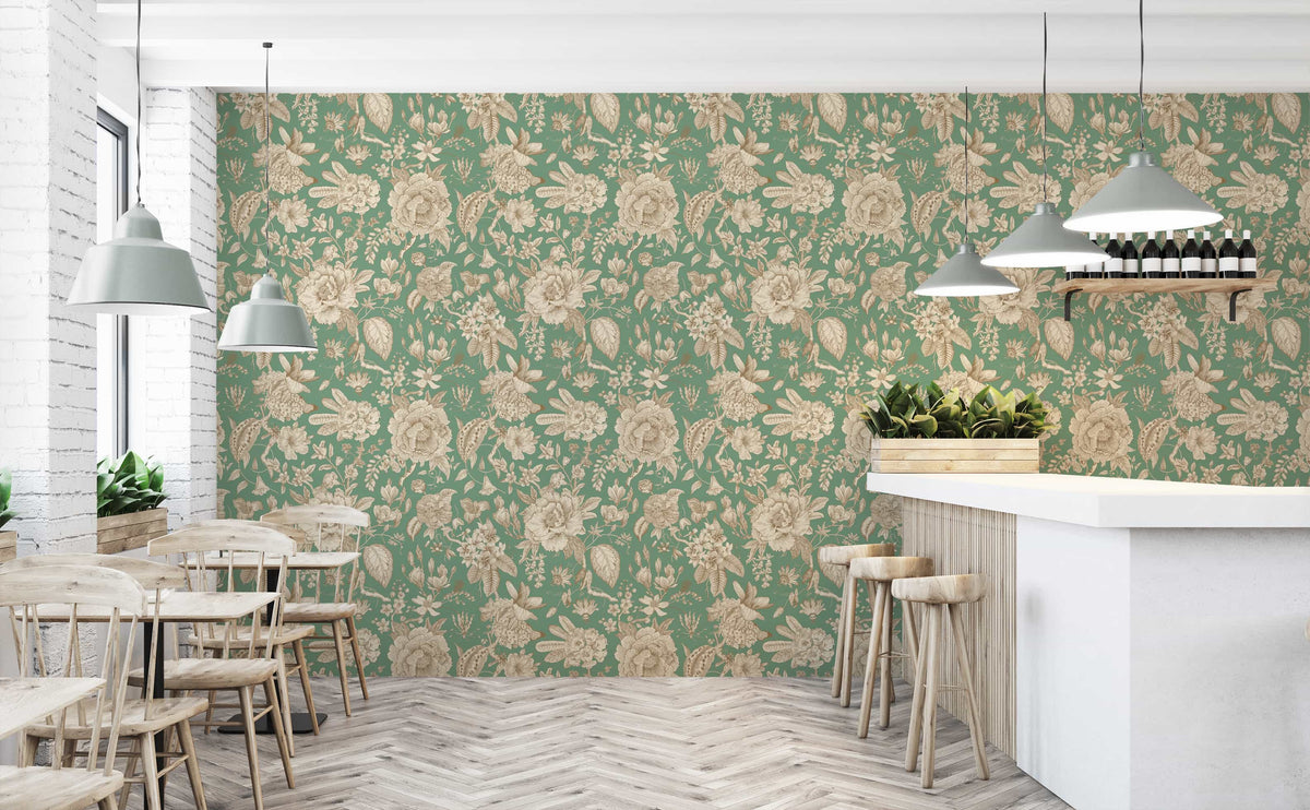 Engraved botanical floral bouquet on sage Pattern Wallpaper for Walls ...